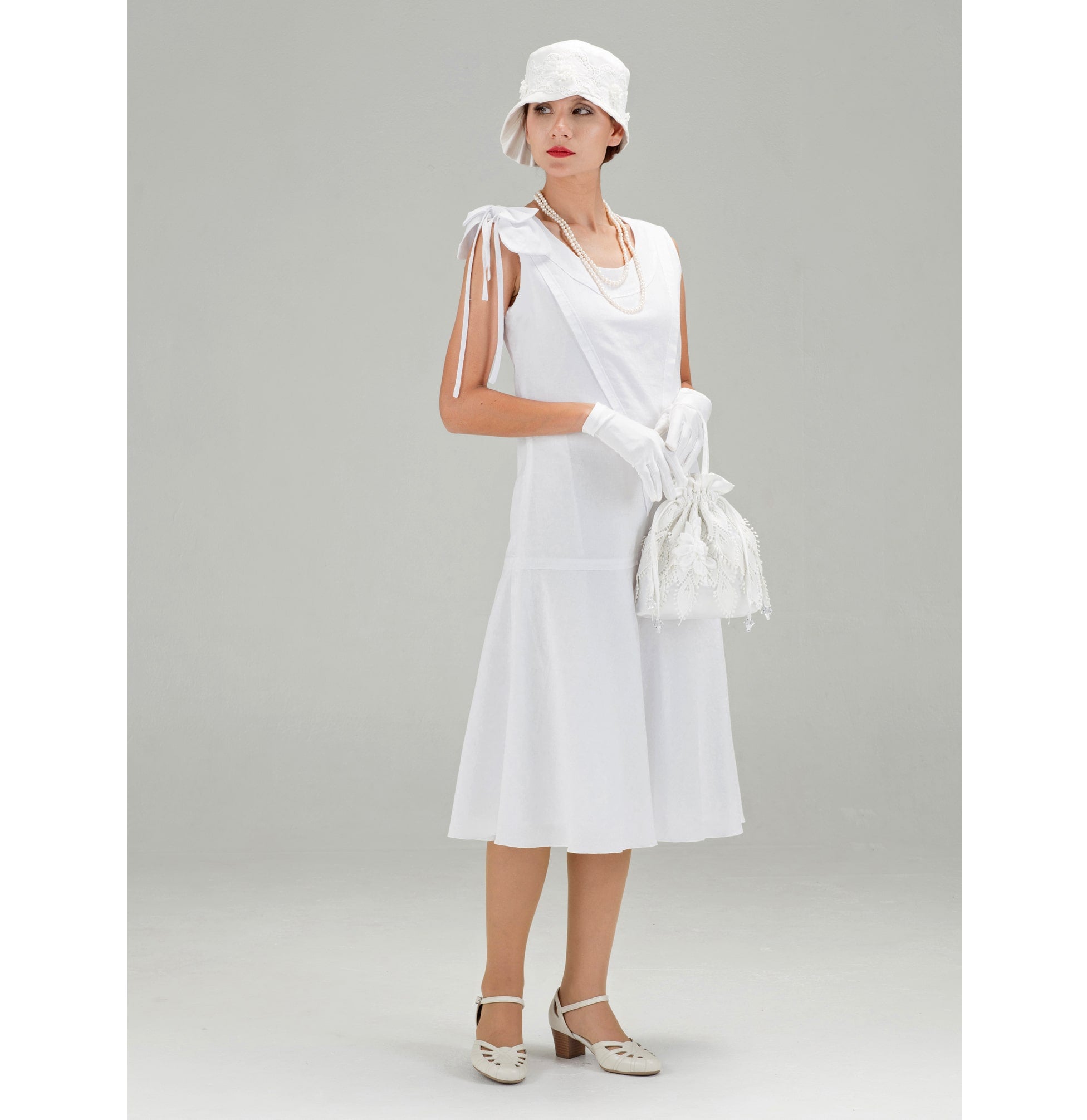 1920s high tea dress in white cotton with bow on shoulder – LaVieDelight