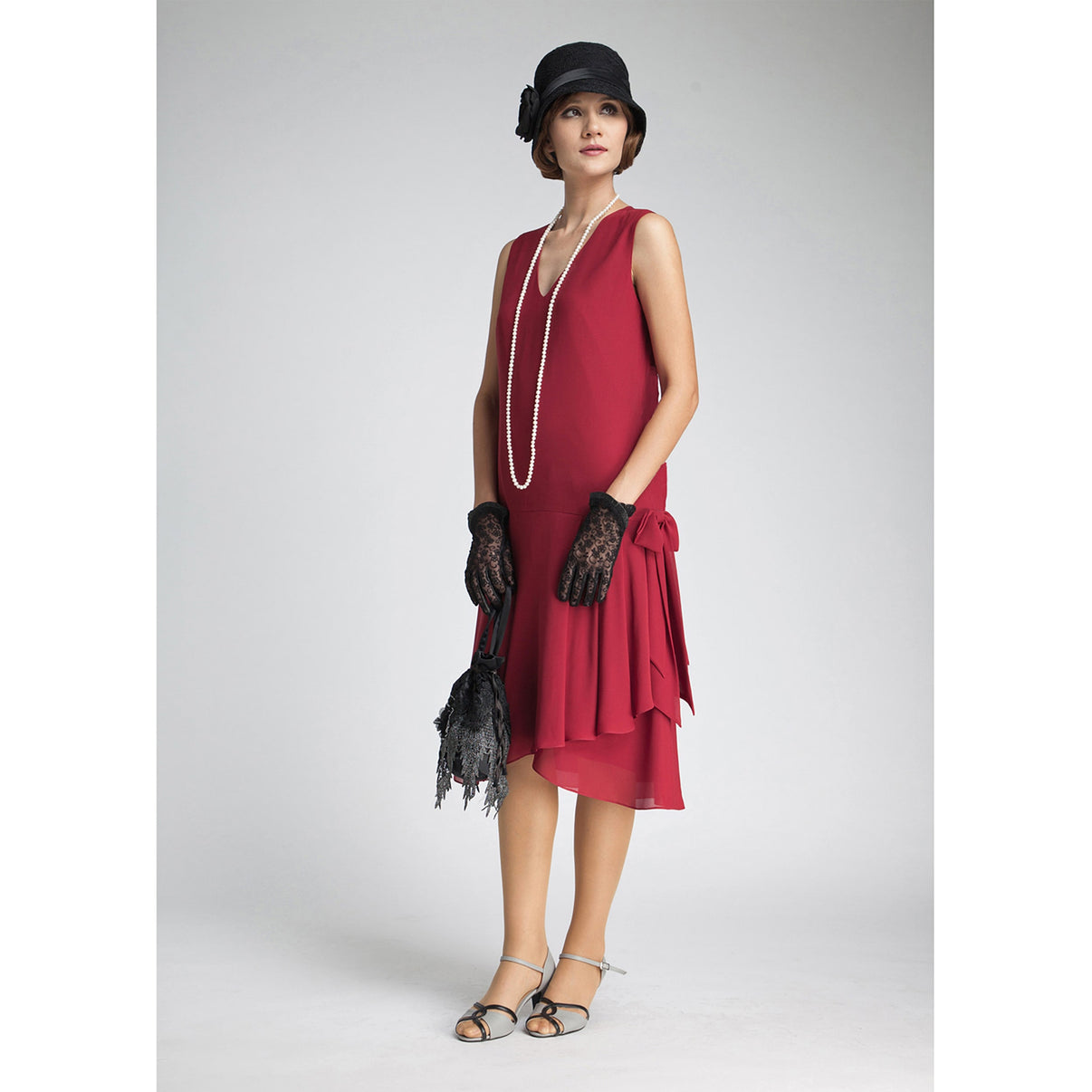 Maroon red chiffon flapper dress with drape and bow – LaVieDelight