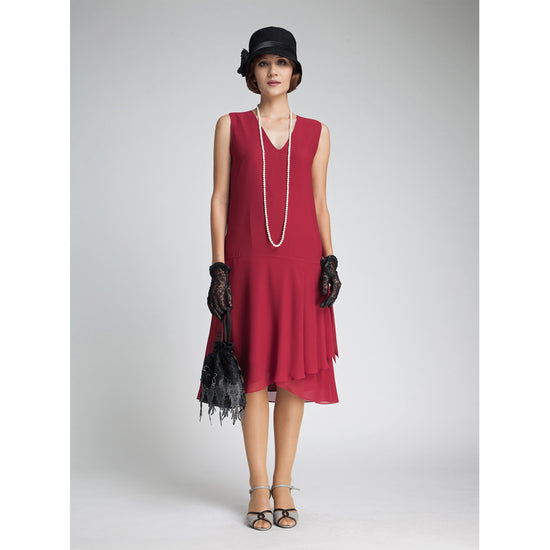 Maroon red chiffon flapper dress with drape and bow – LaVieDelight