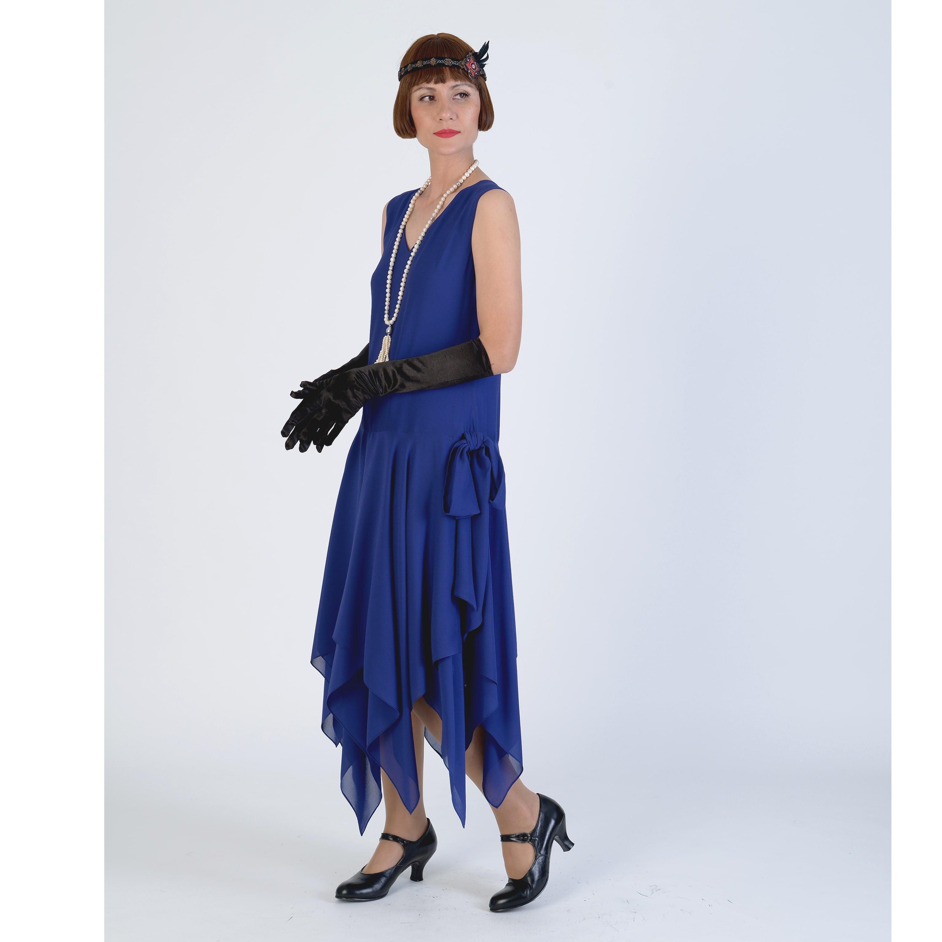 Roaring 20s formal dress in dark blue chiffon with handkerchief hem ...