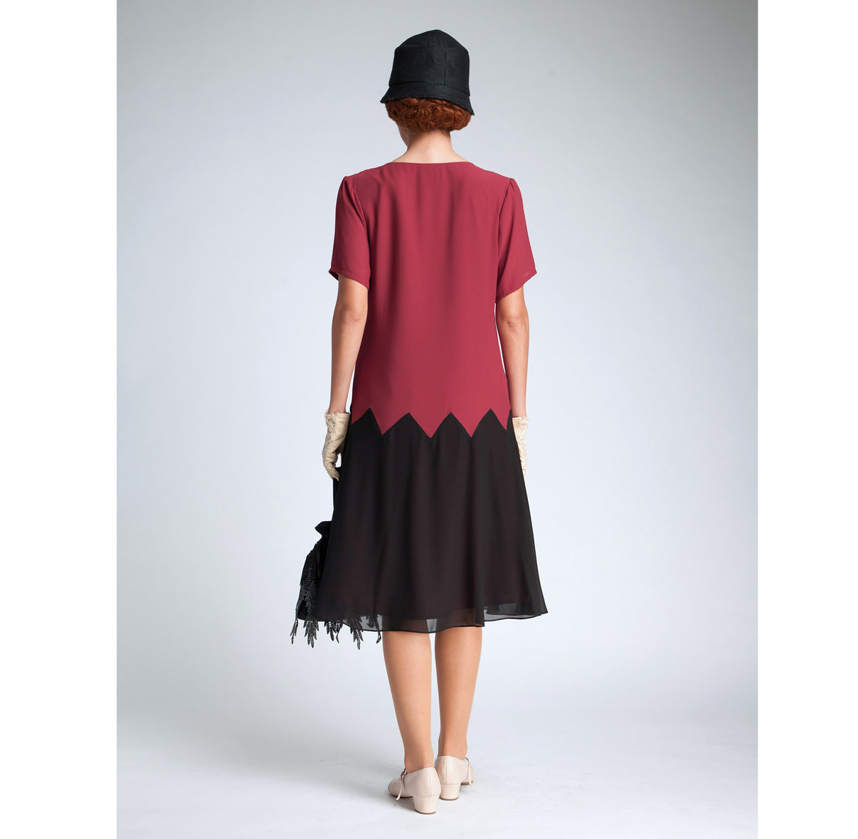 1920s inspired dress in maroon red and black with zig zag detail ...