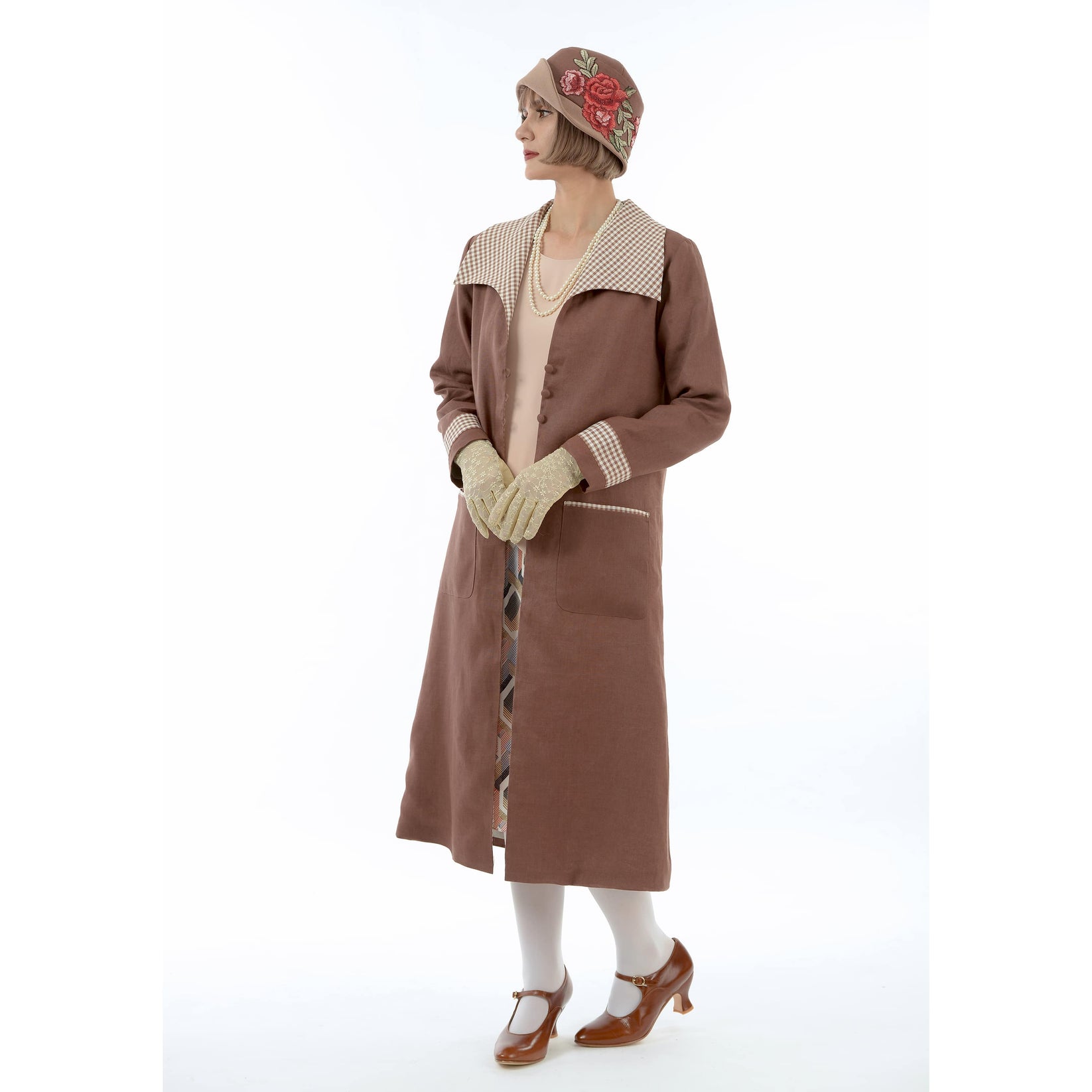 Dark brown linen 1920s coat with white/brown plaid collar – LaVieDelight