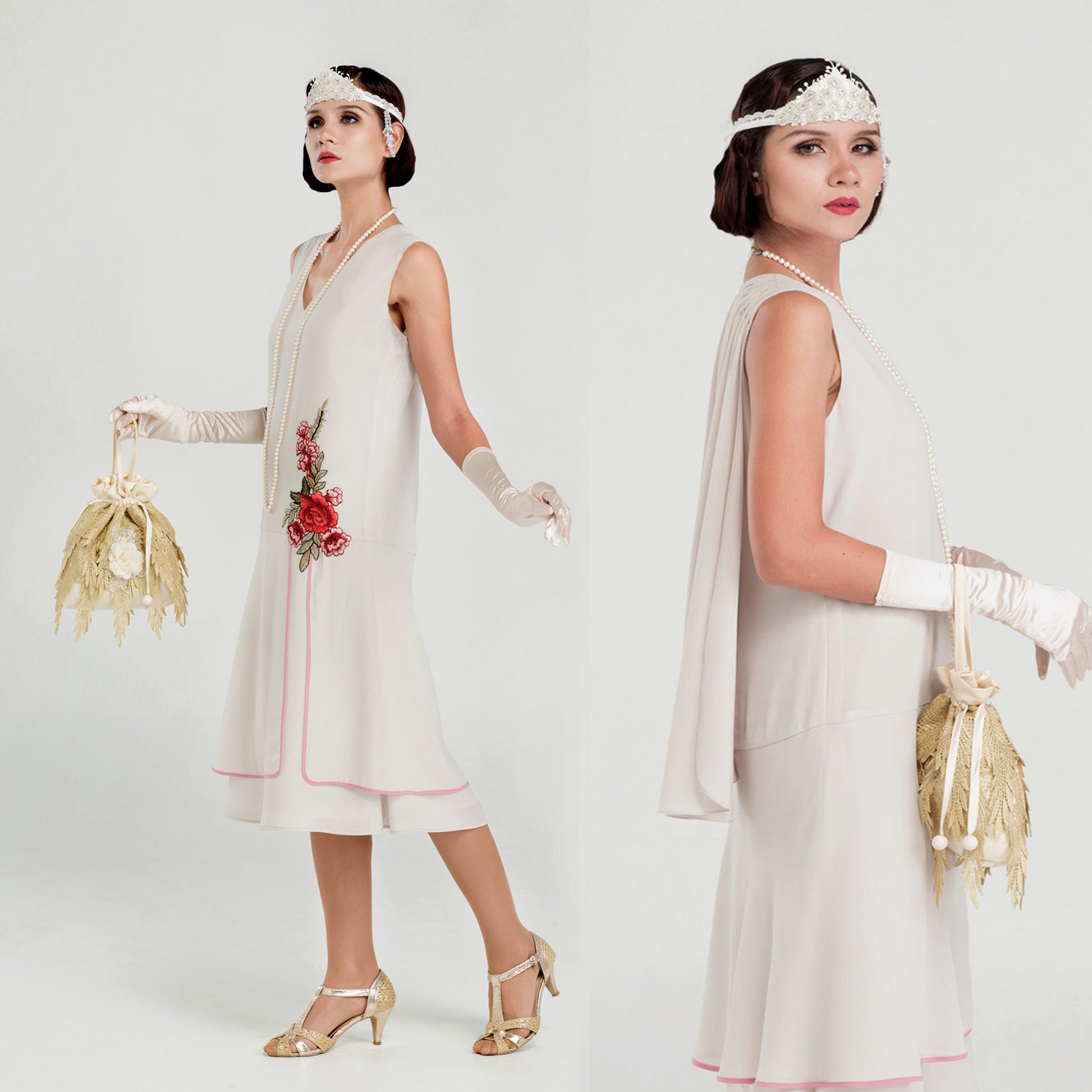 Chiffon roaring 20s dress in bleached linen color with shoulder train ...